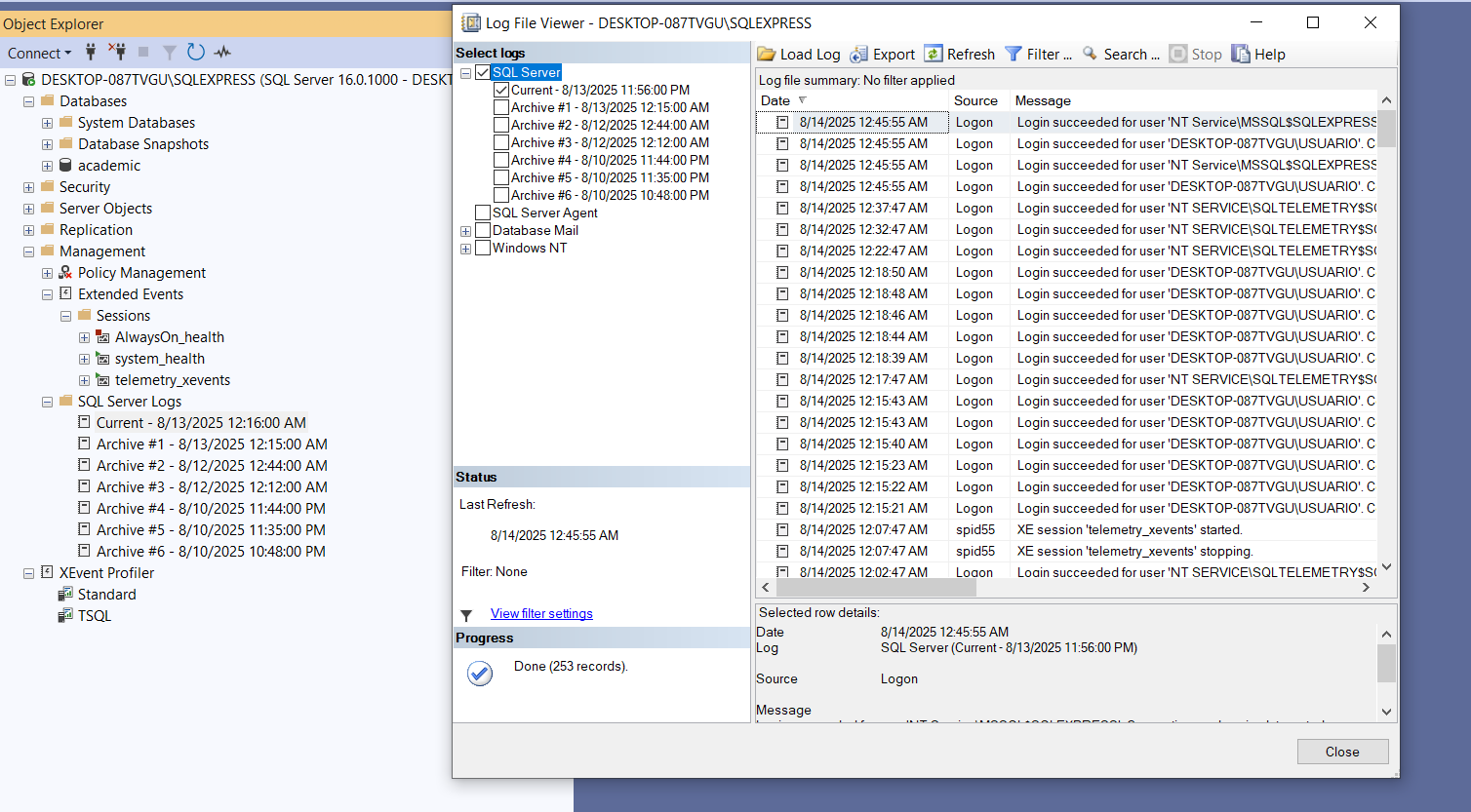 Logs en SQL Server Express