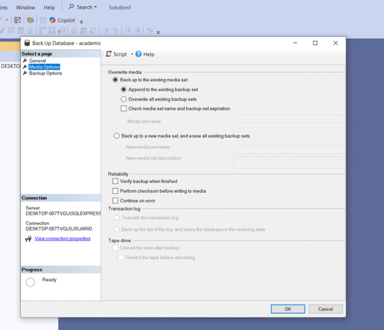 Creación de respaldos en SQL Server Express Base de Datos
