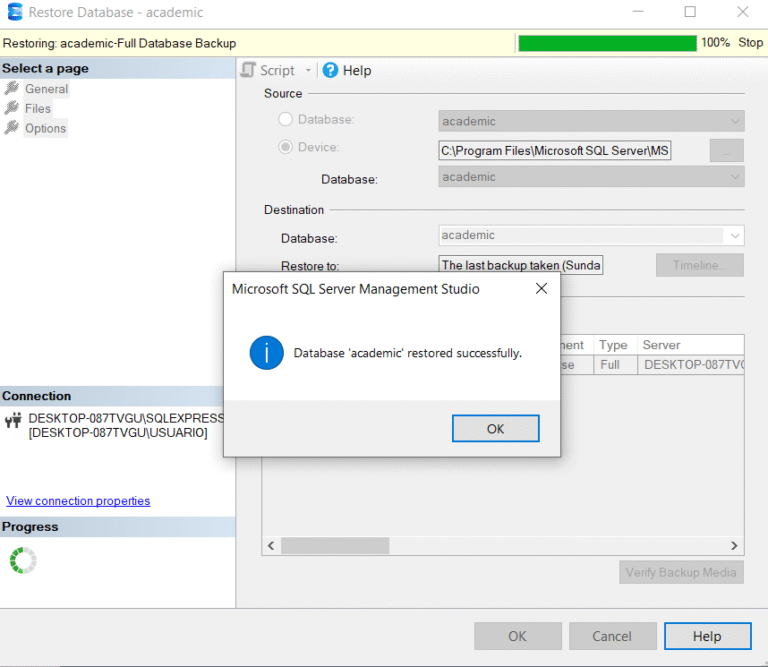 Restauración de respaldos de bases de datos en SQL Server Express
